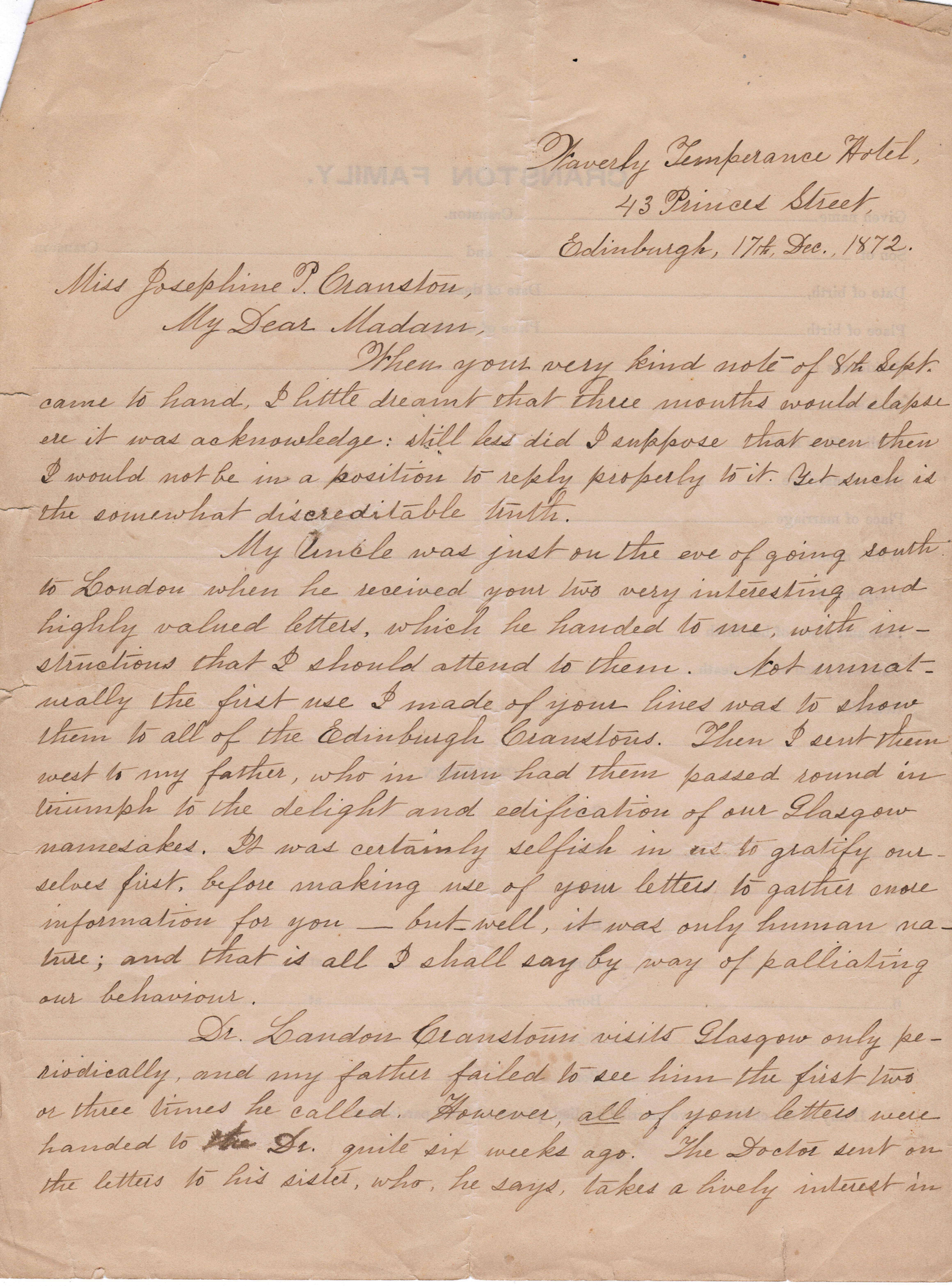 George Cranston (Edinburgh) Letter to Josephine Park Cranston 17 Dec ...