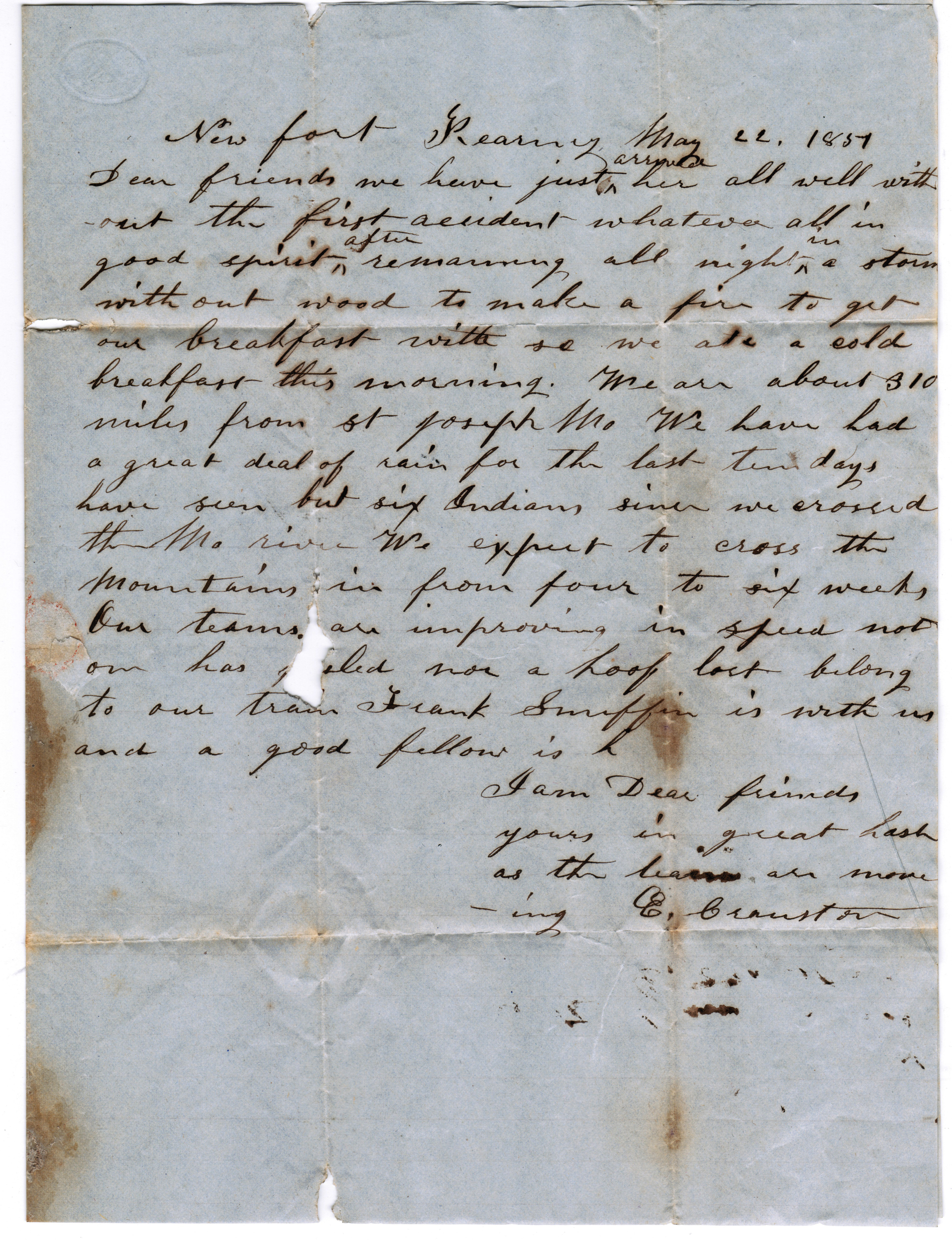 Oregon Trail – Letter from Ephraim Cranston near Ft. Kearney – 1851 ...